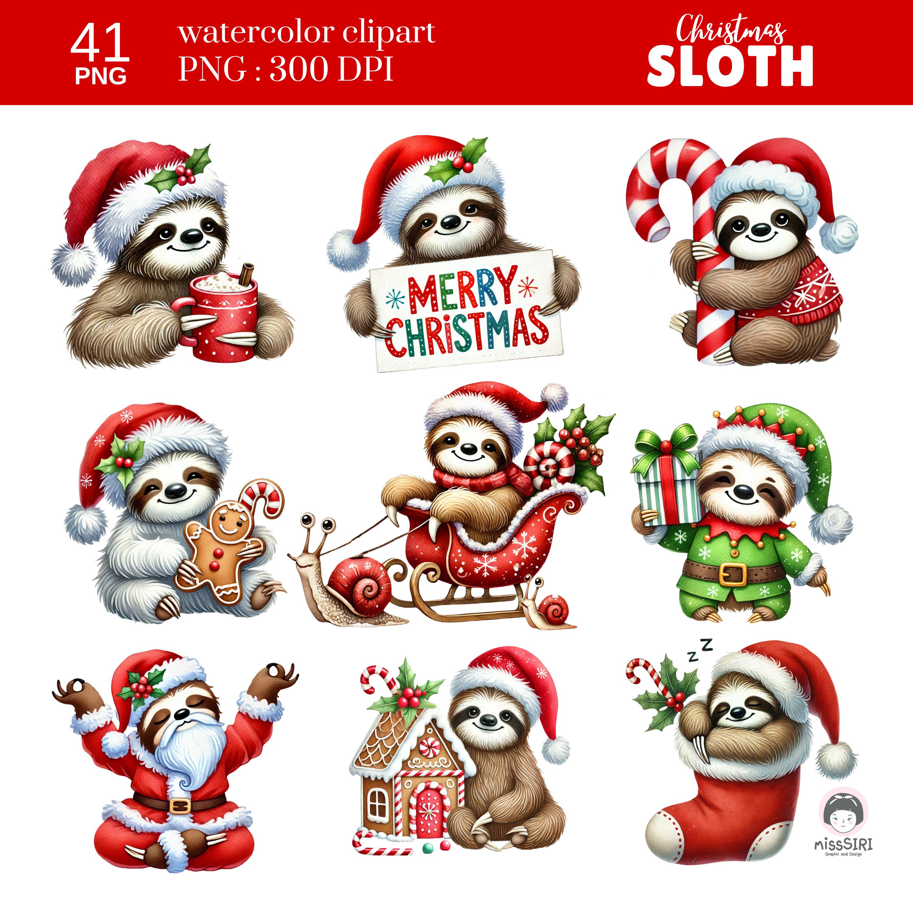 Christmas Sloth Clipart Bundle, Watercolor Sloth PNG, Cute Holiday ...