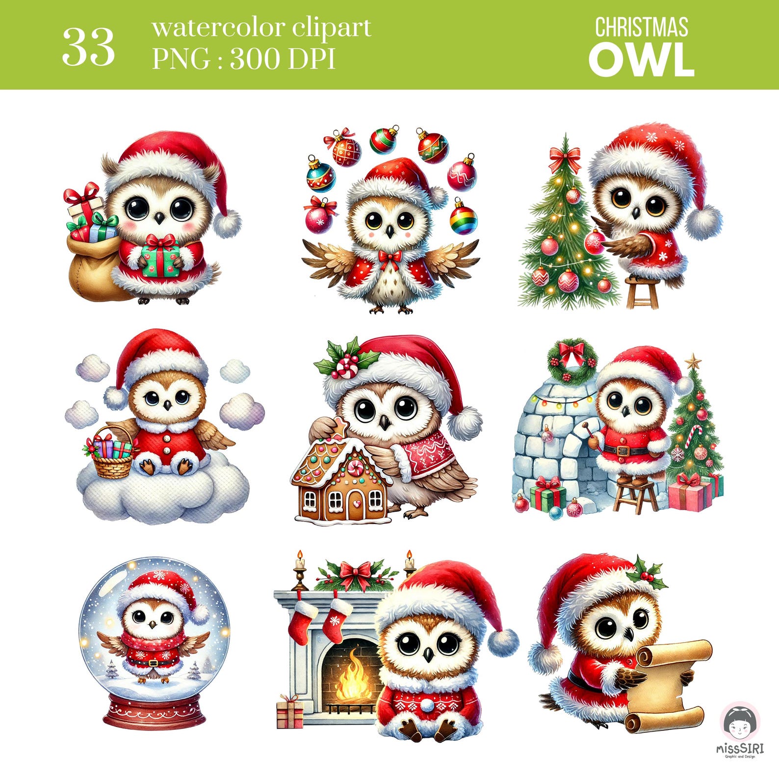 Christmas Owl Watercolor Clipart Set – 33 PNG Holiday Graphics (digital ...