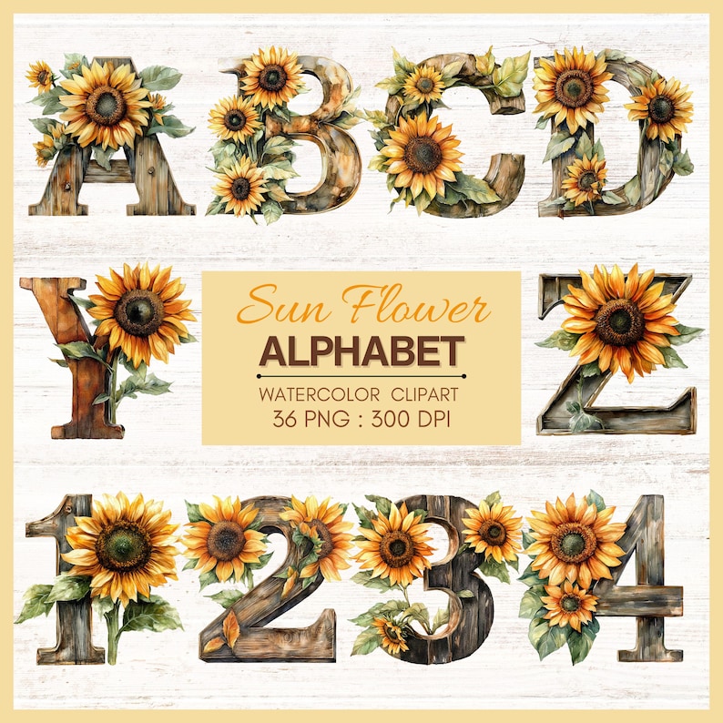 Sunflower Alphabet Watercolor Clipart Set – Rustic Floral Letters ...