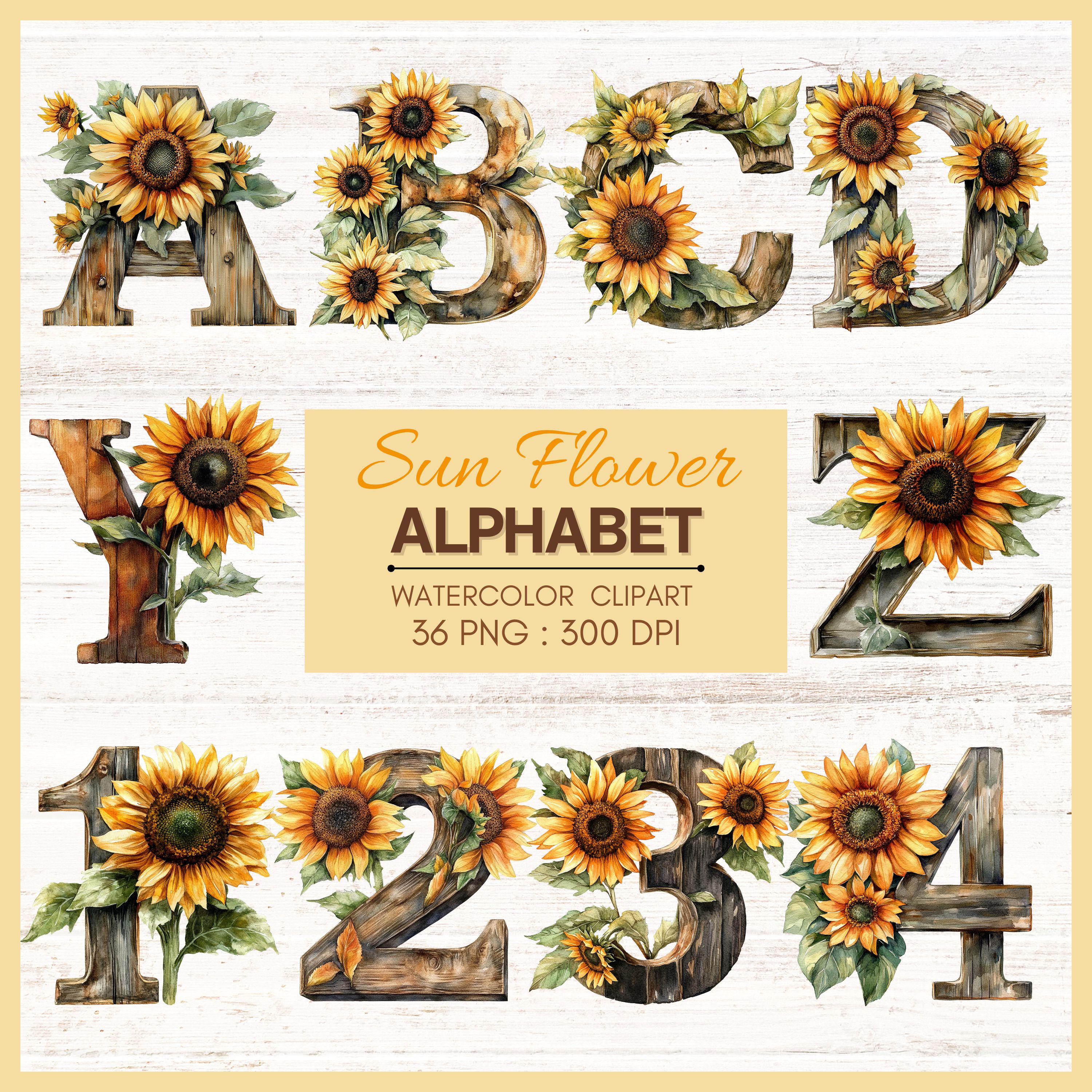 Sunflower Alphabet Watercolor Clipart Set – Rustic Floral Letters ...