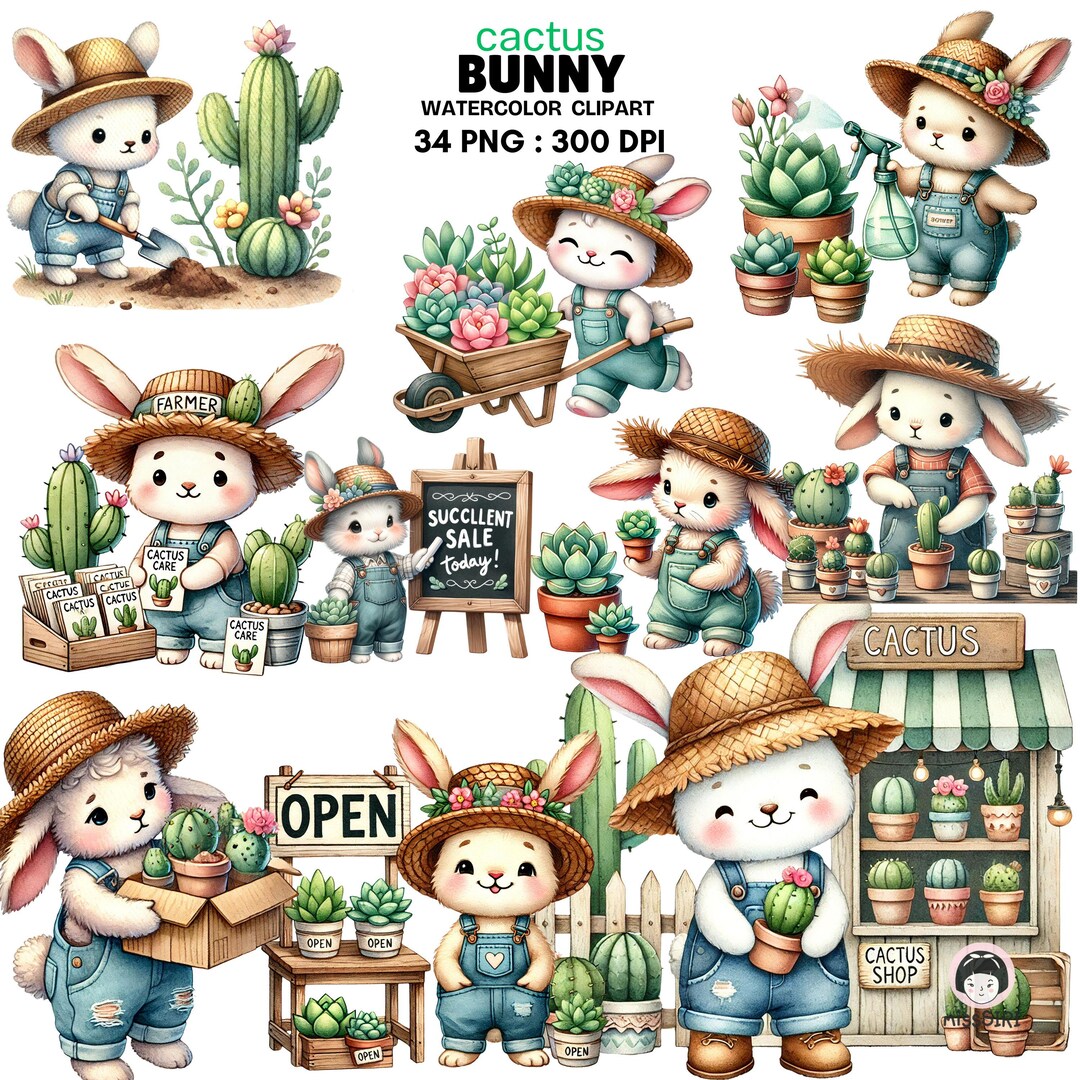 Cactus Bunny Watercolor Clipart Bundle – 34 Adorable Gardening Rabbit ...