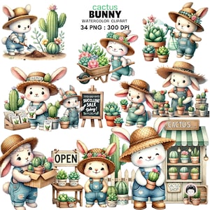 Cactus Bunny Watercolor Clipart Bundle – 34 Adorable Gardening Rabbit ...