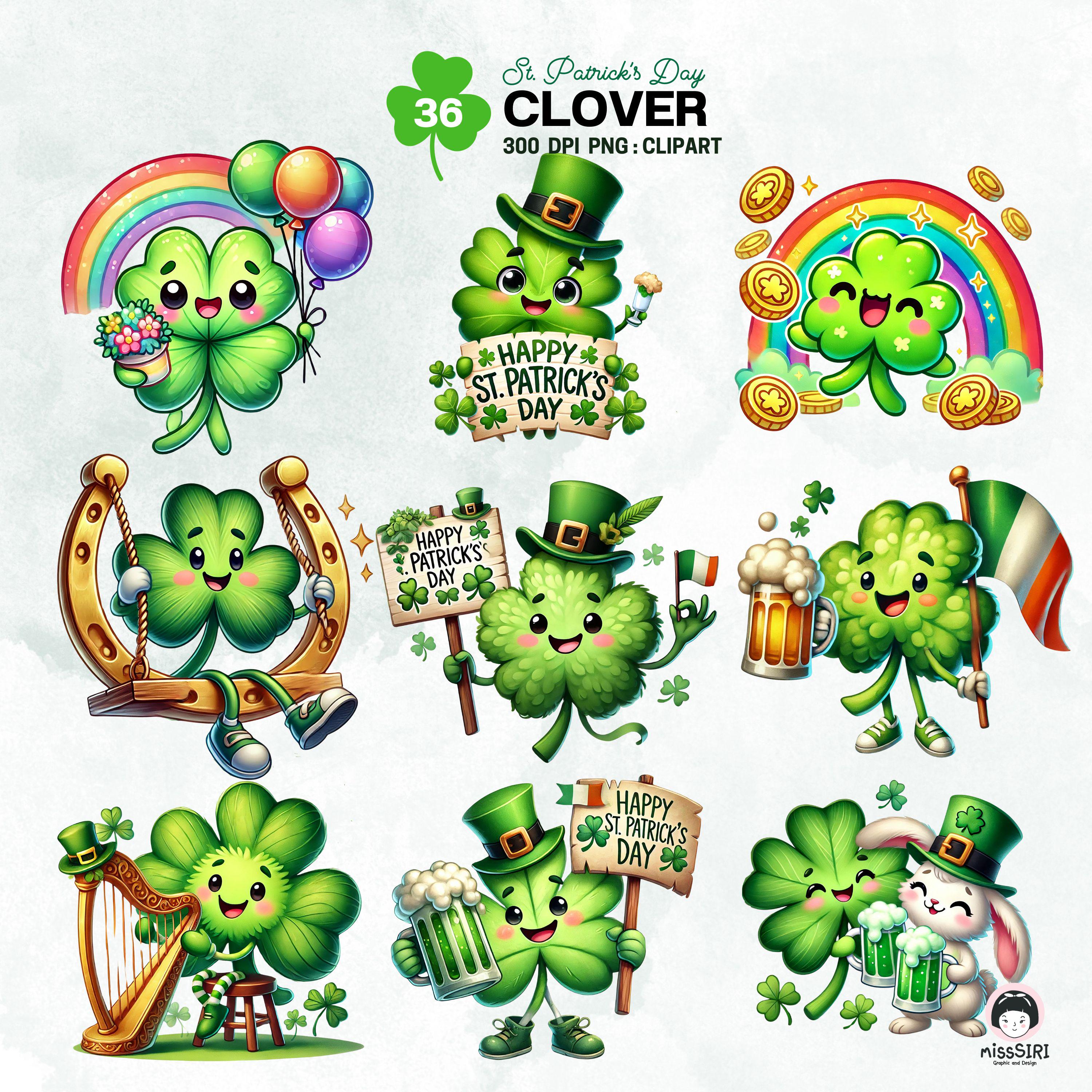 St. Patrick's Day Clover Clipart Bundle - 36 PNG Designs, Cute Shamrock ...
