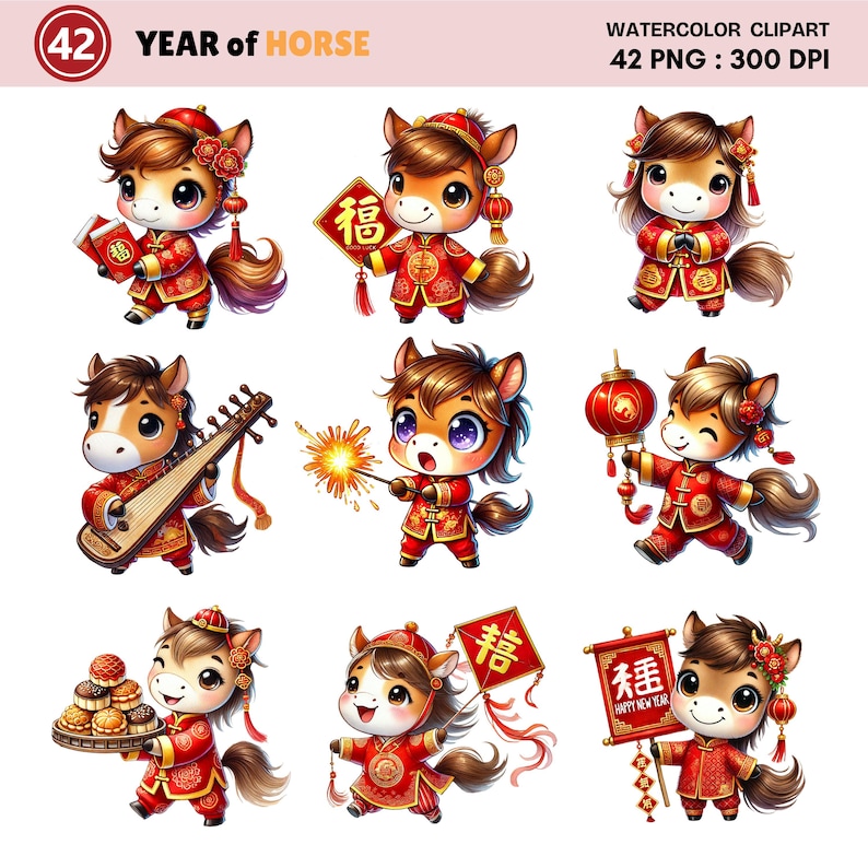 Chinese New Year Horse Clipart Bundle | 42 Watercolor Pngs for Lunar ...