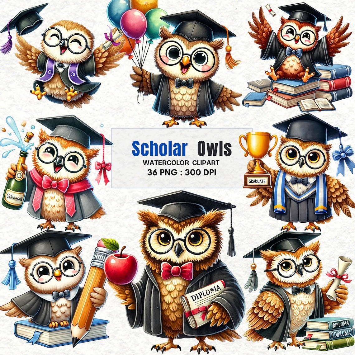 Scholar Owl Graduation Clipart Bundle – 36 Watercolor Pngs Featuring ...