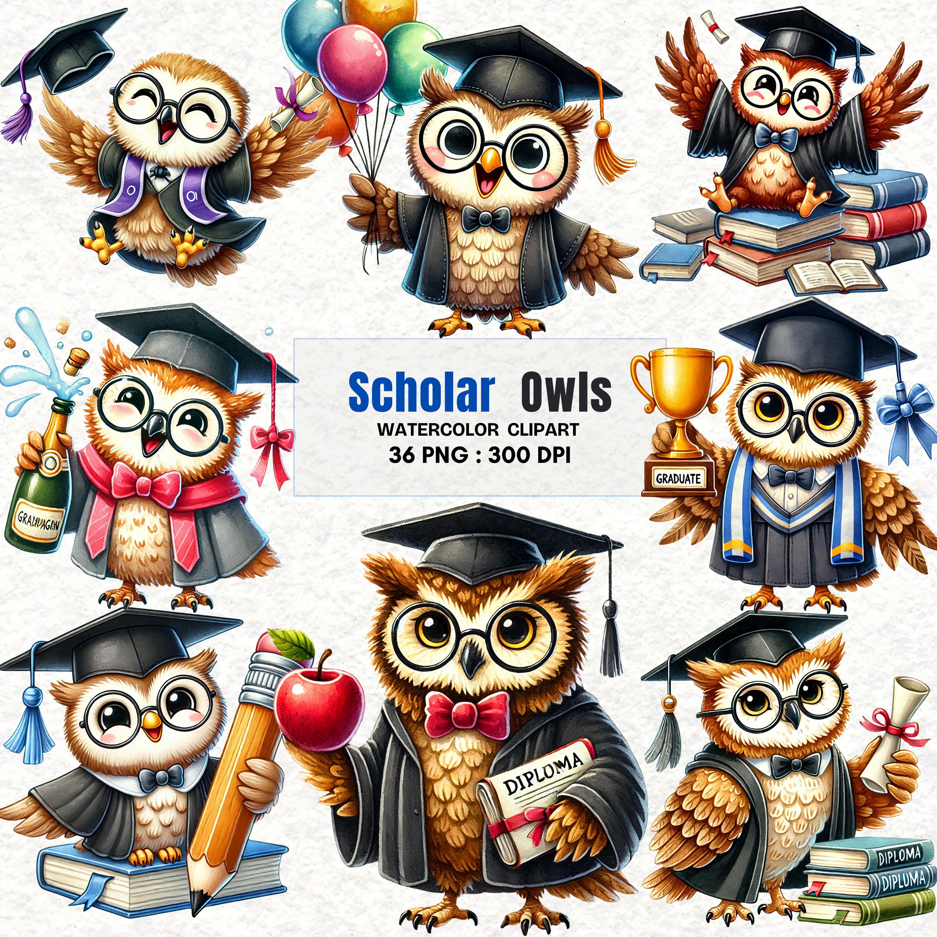 Scholar Owl Graduation Clipart Bundle – 36 Watercolor Pngs Featuring ...