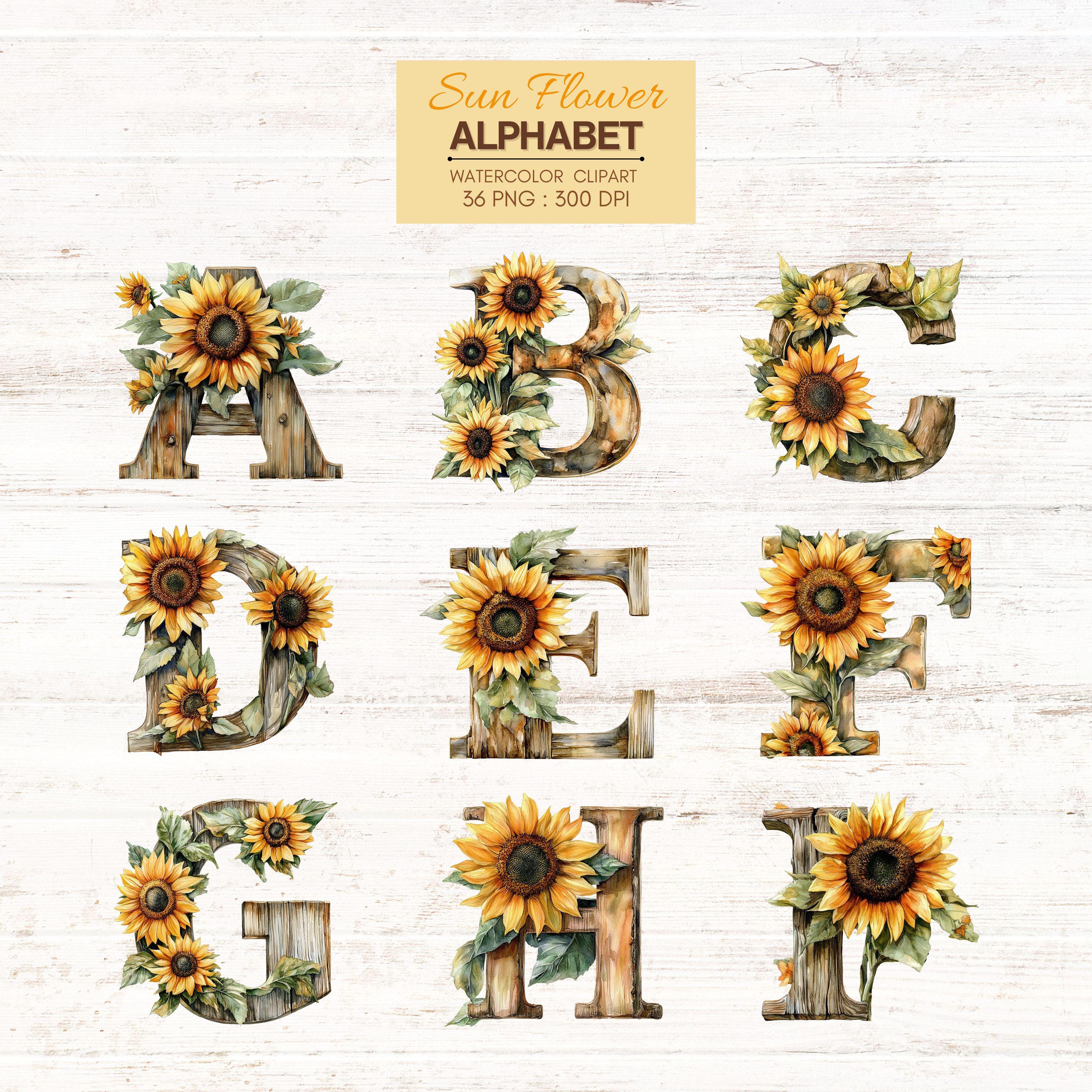 Sunflower Alphabet Watercolor Clipart Set – Rustic Floral Letters ...