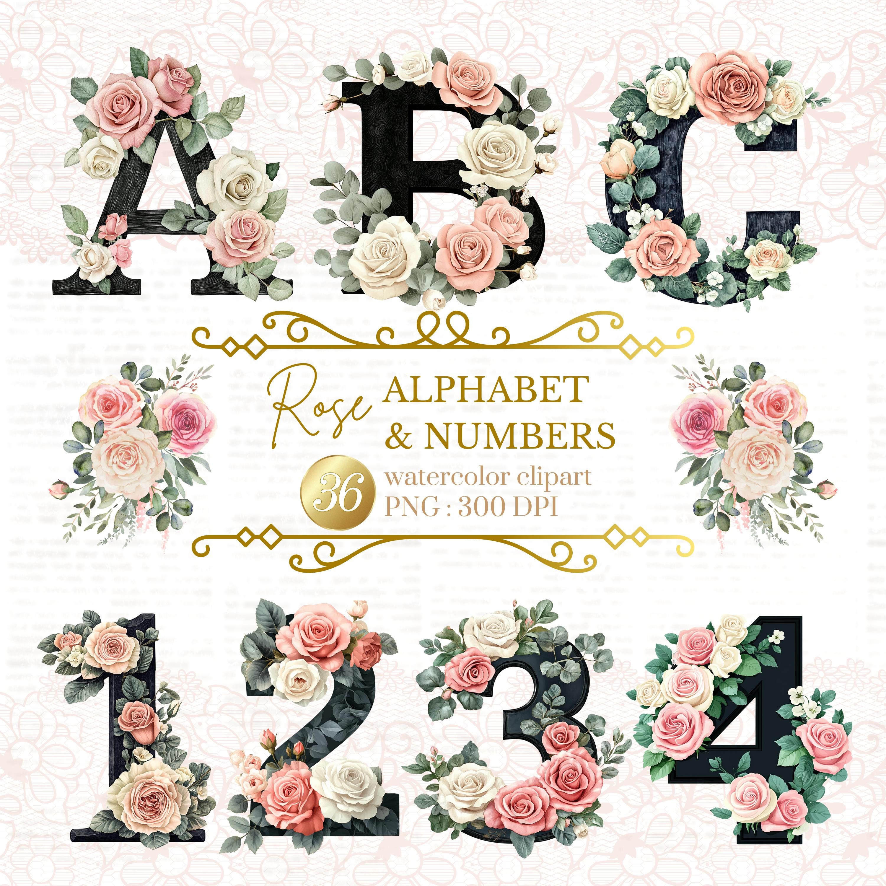 Watercolor Rose Alphabet and Numbers Clipart, Floral Letters and ...
