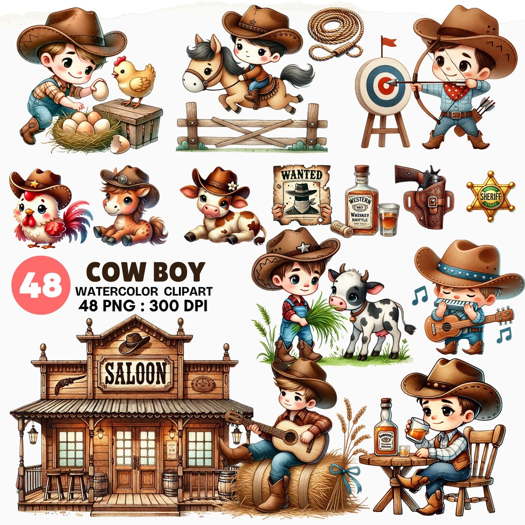 Cowboy Watercolor Clipart – 48 PNG Wild West Characters, Horses, Farm ...