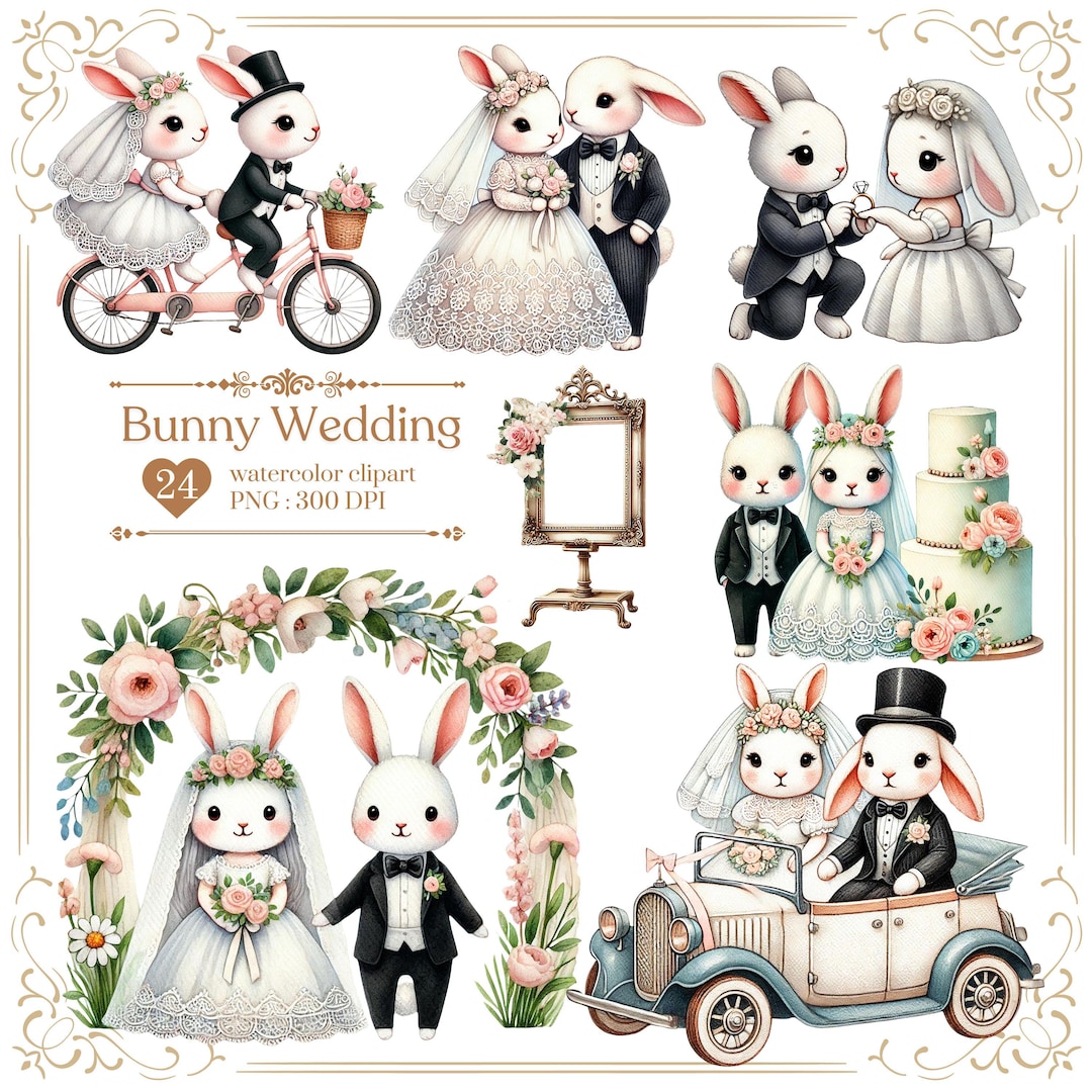 Bunny Wedding Watercolor Clipart Set - 24 Romantic PNG Images, Cute ...