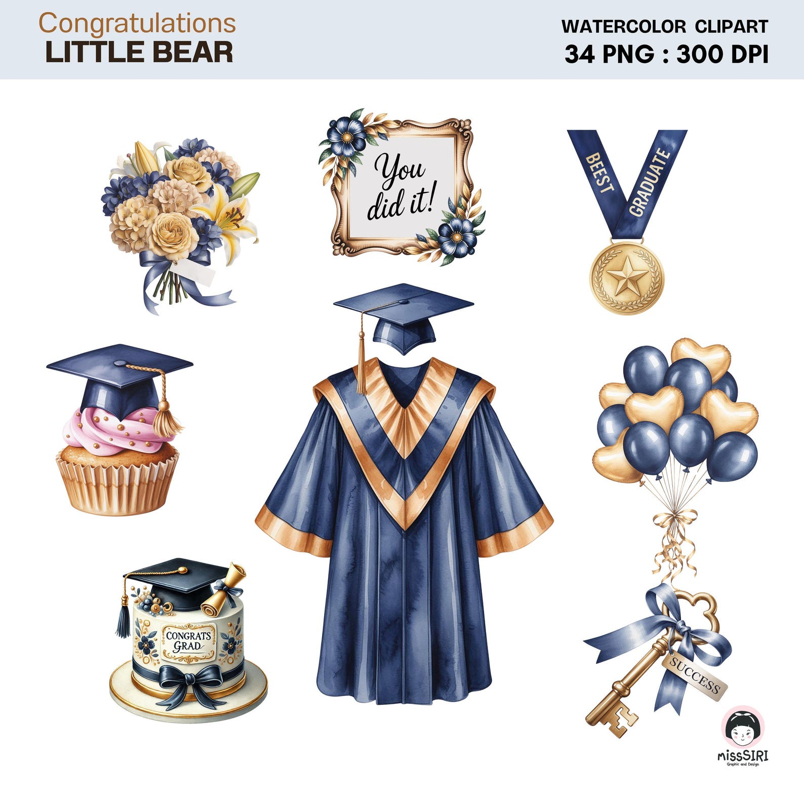 Little Bear Graduation Clipart Set | 34 Watercolor Pngs of Cute Bears ...