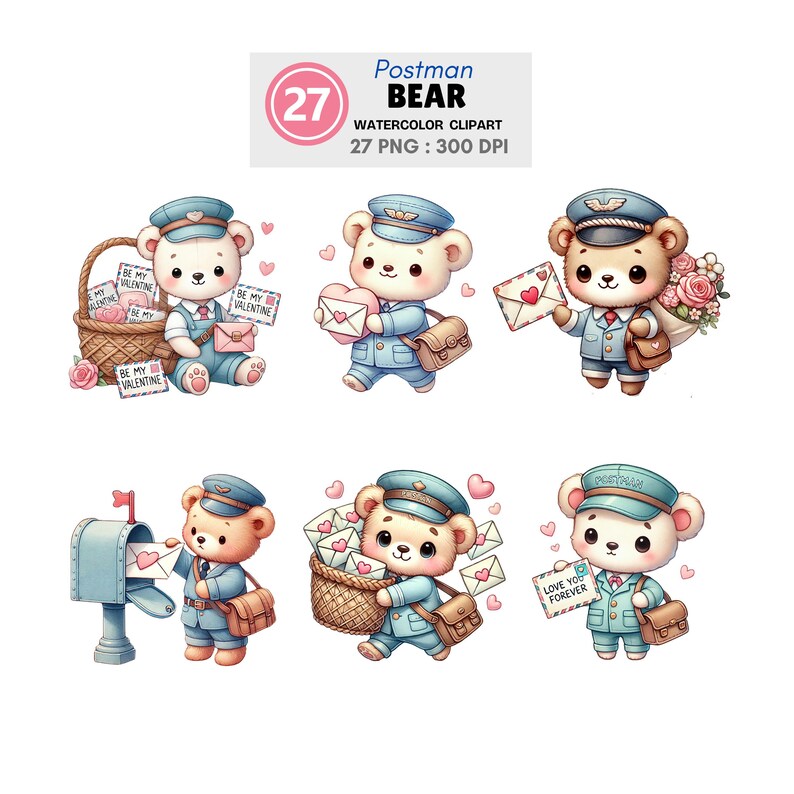 Valentine Postman Bear Clipart Set | 27 Watercolor Pngs for Love ...