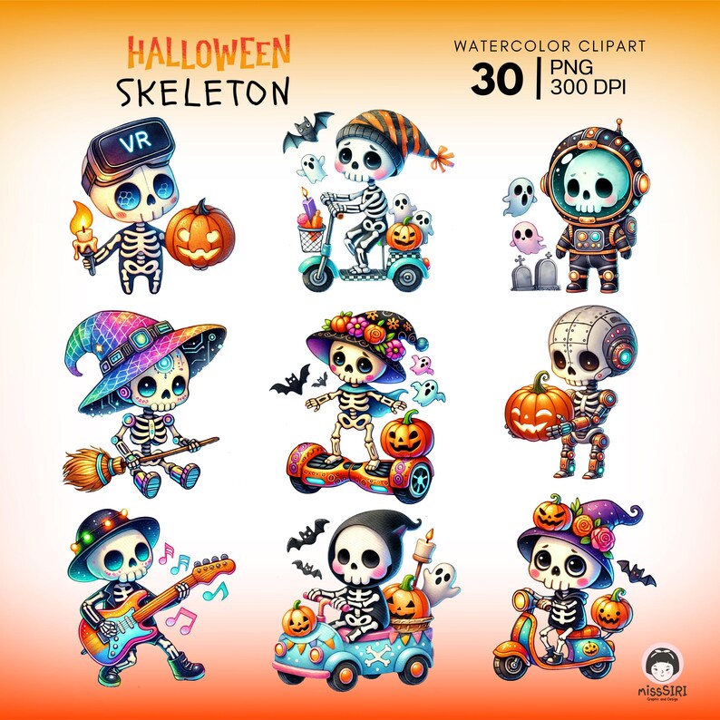 Halloween Skeleton Watercolor Clipart Bundle – 30 PNG Files, Cute ...