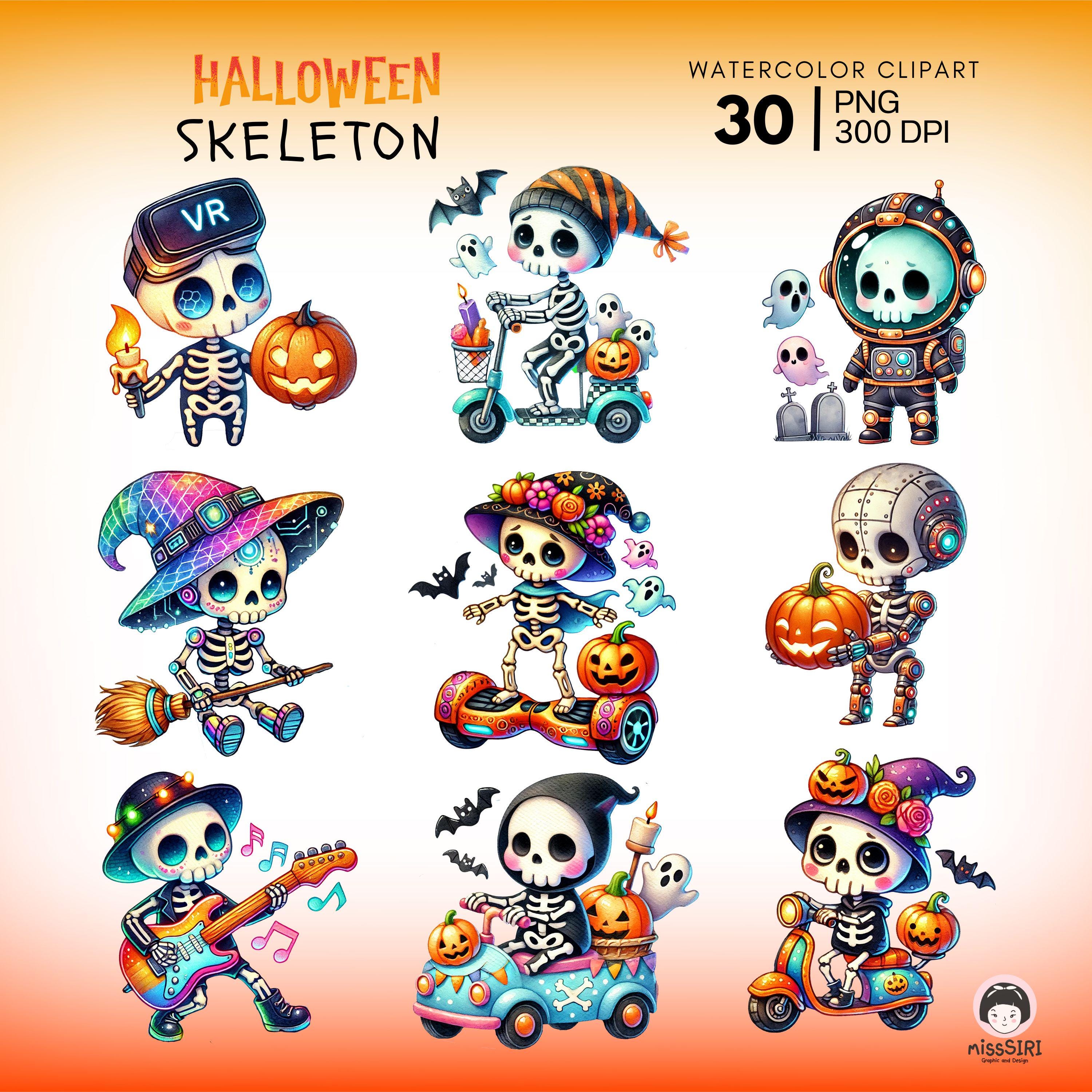Halloween Skeleton Watercolor Clipart Bundle – 30 PNG Files, Cute ...