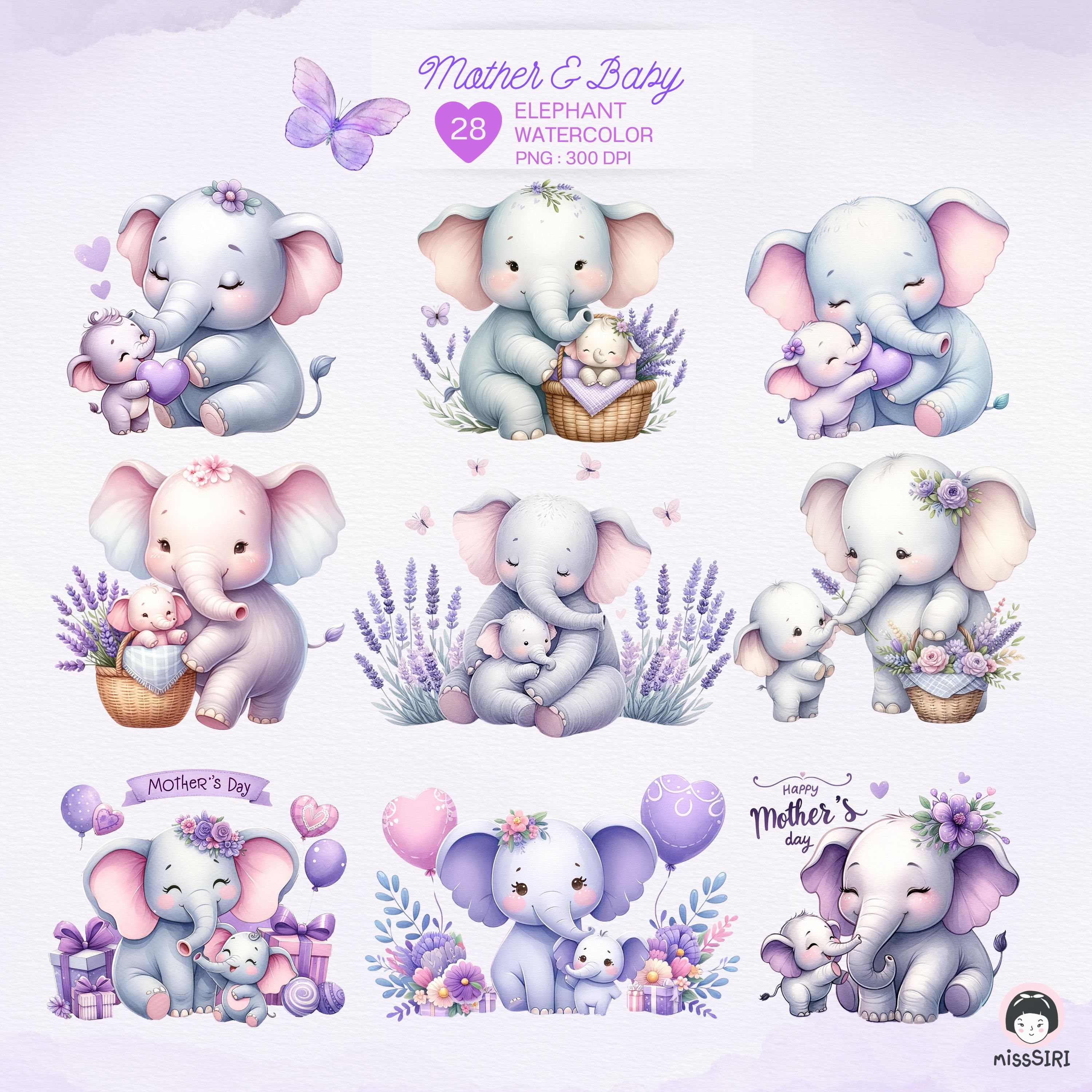 Mother and Baby Elephant Watercolor Clipart - Etsy