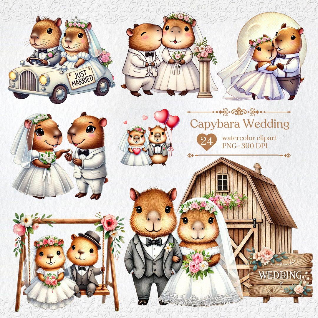 Capybara Wedding Watercolor Clipart Set - 24 Cute PNG Images, Adorable ...