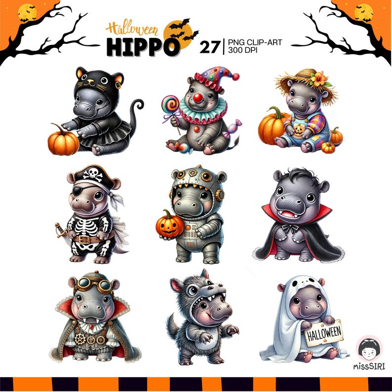 Halloween Hippo PNG Clipart Set, Cute Halloween Animal Clip Art, Hippo ...