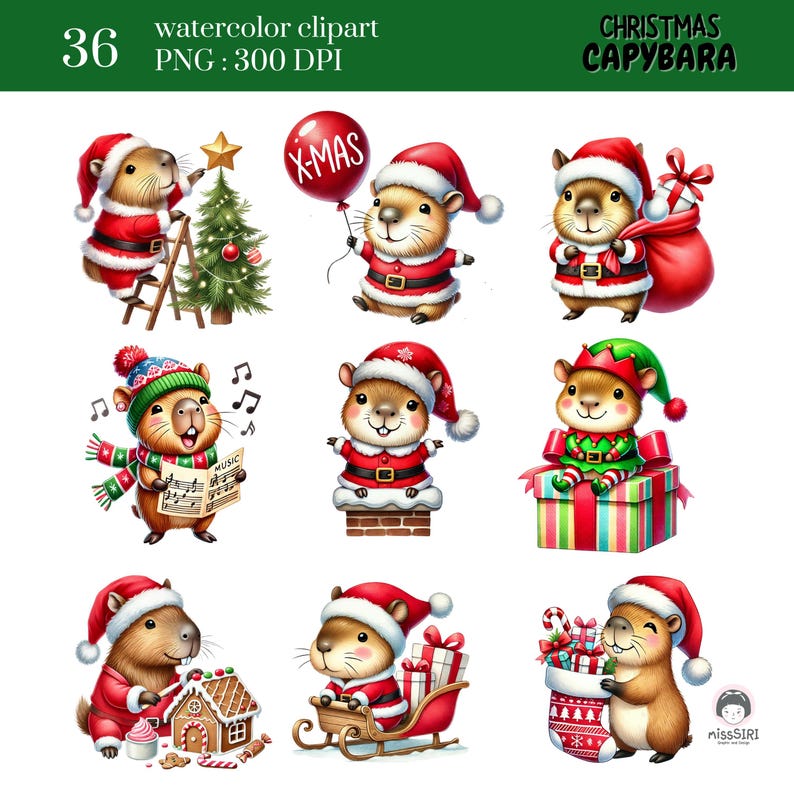 Christmas Capybara Watercolor Clipart Bundle, Cute Capybara Holiday PNG ...