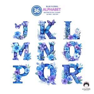 Blue Floral Alphabet Clipart Set, 36 PNG Letters and Numbers ...