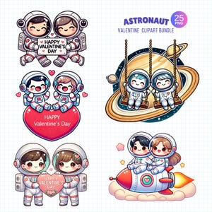 Astronaut Valentine Clipart Bundle - 25 PNG Cute Space Lovers, Kawaii ...