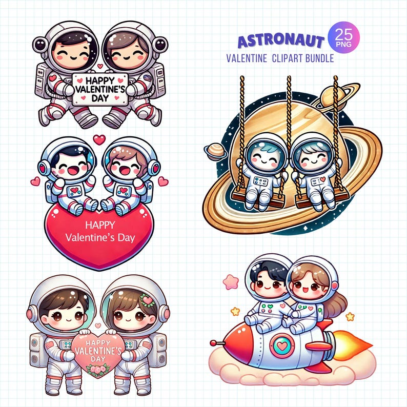 Kawaii Astronaut Valentine Clipart – 25 PNG Space Lover Graphics ...