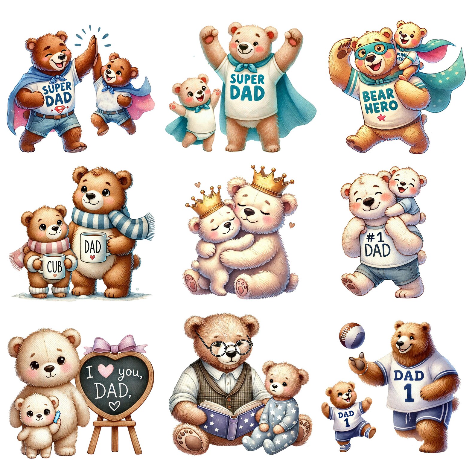 Father’s Day Bear Clipart Set | 27 Watercolor Pngs of Dad and Baby ...