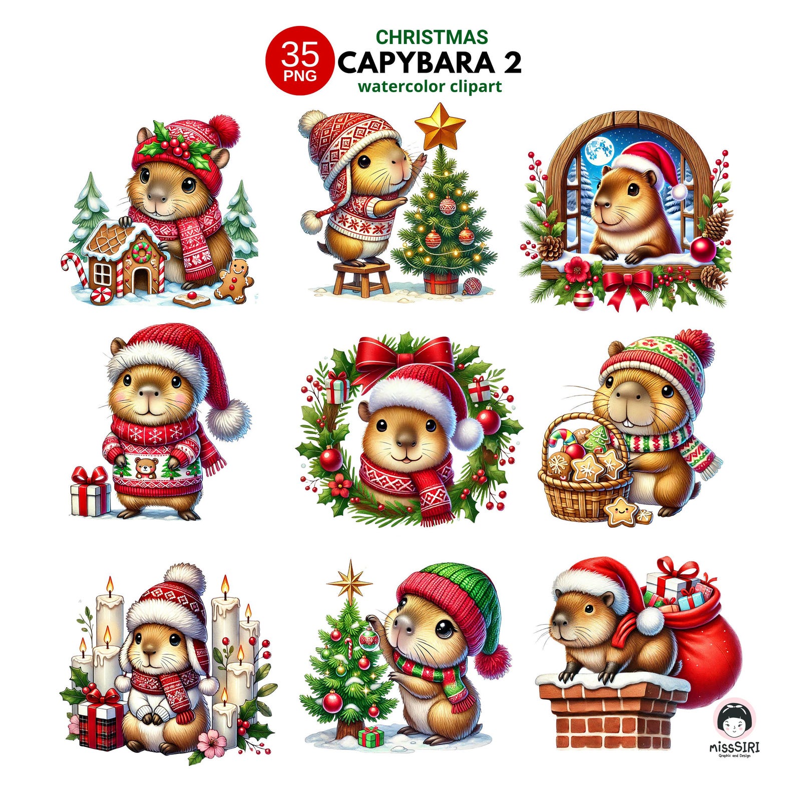 Christmas Capybara Clipart Set 2| 35 Watercolor Holiday Capybaras With ...