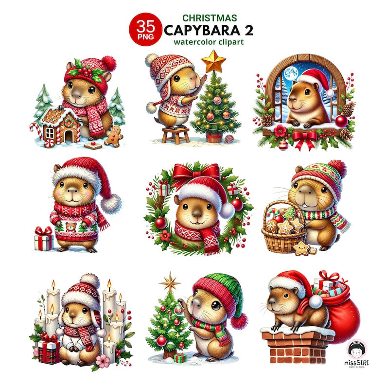 Christmas Capybara Clipart Set 2| 35 Watercolor Holiday Capybaras With ...
