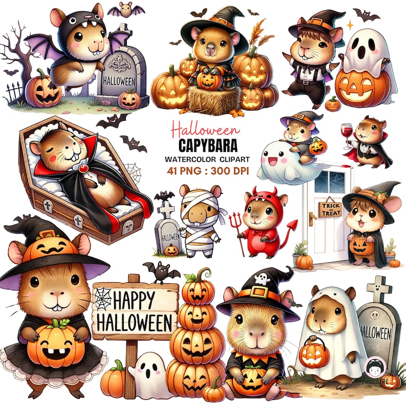 Halloween Capybara Clipart Bundle | 41 Cute Watercolor Pngs | Spooky ...