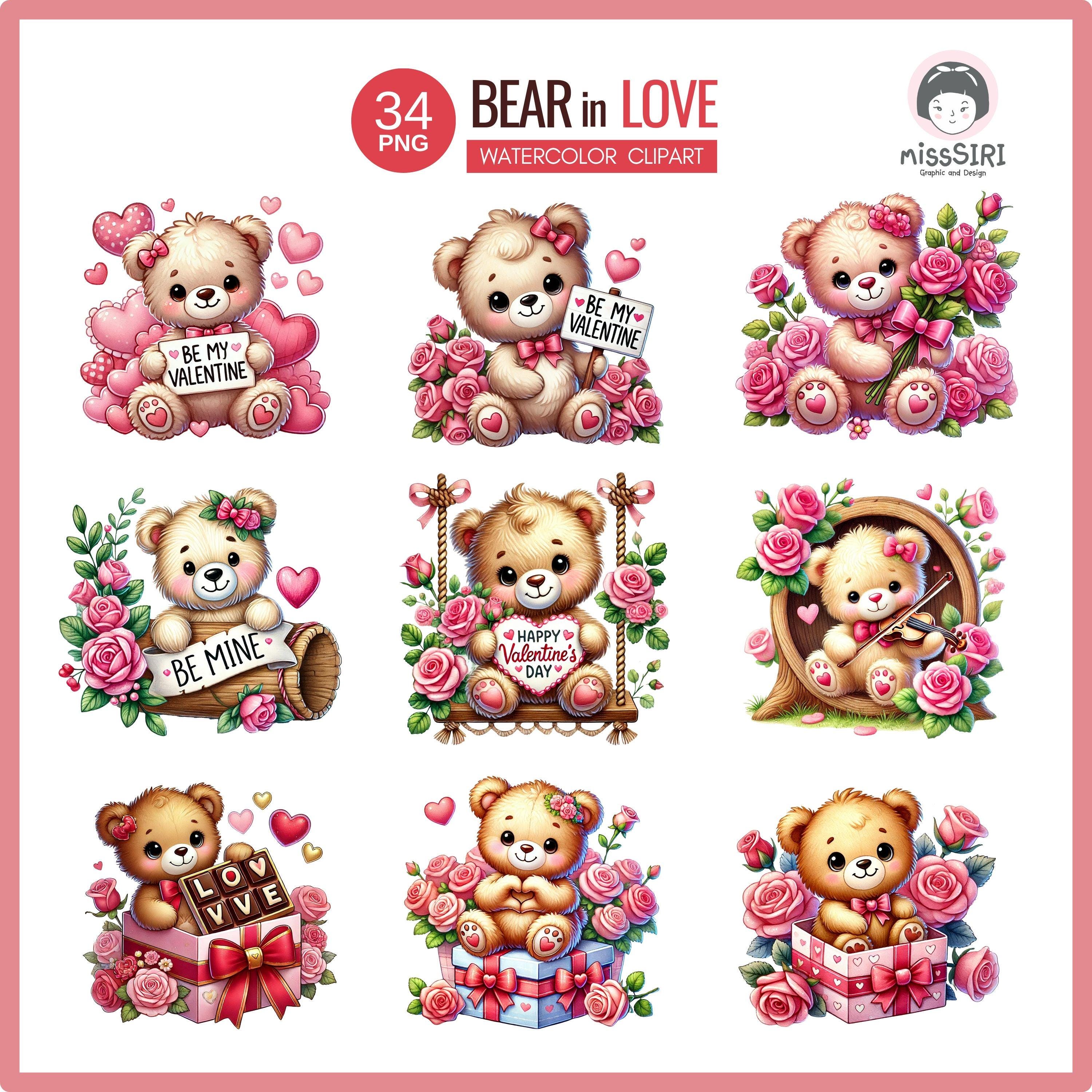 Bear in Love Watercolor Clipart Set - 34 Romantic Valentine’s Day Pngs ...