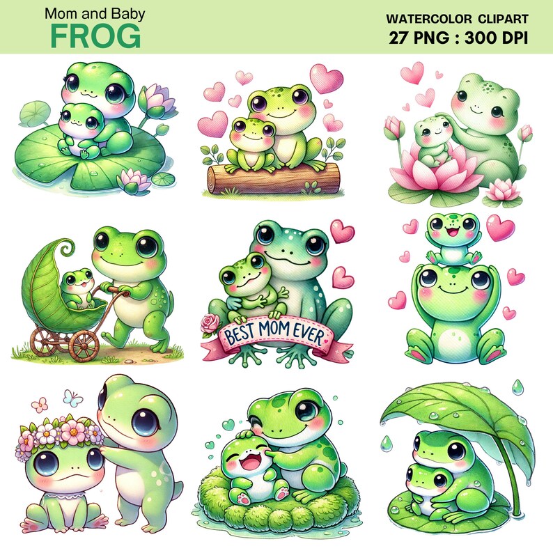 Mom and Baby Frog Clipart Set | 27 Watercolor Pngs for Mother’s Day ...