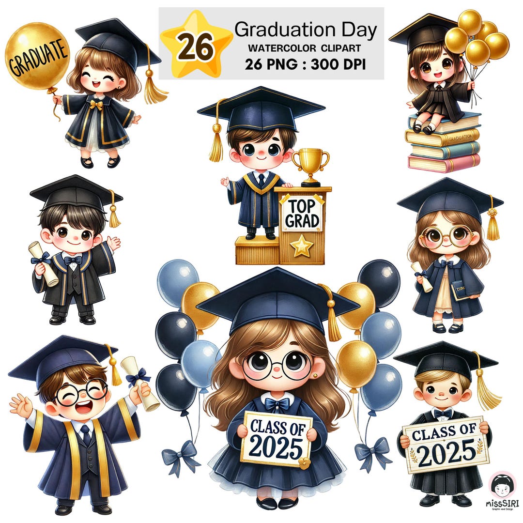 Graduation Day Clipart Bundle | 26 Watercolor Pngs of Cute Students ...