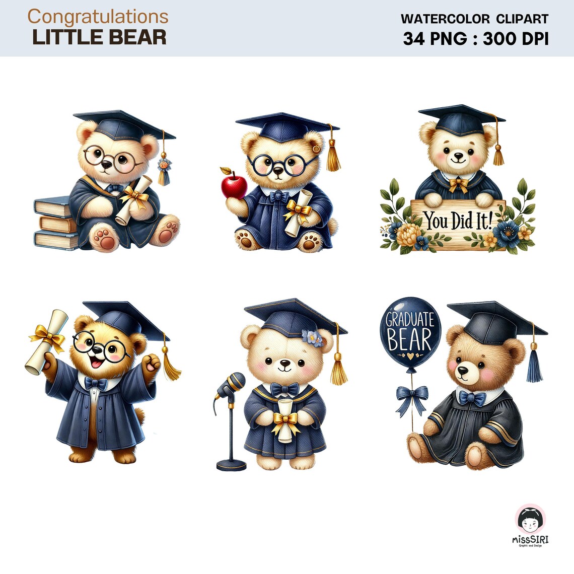 Little Bear Graduation Clipart Set | 34 Watercolor Pngs of Cute Bears ...