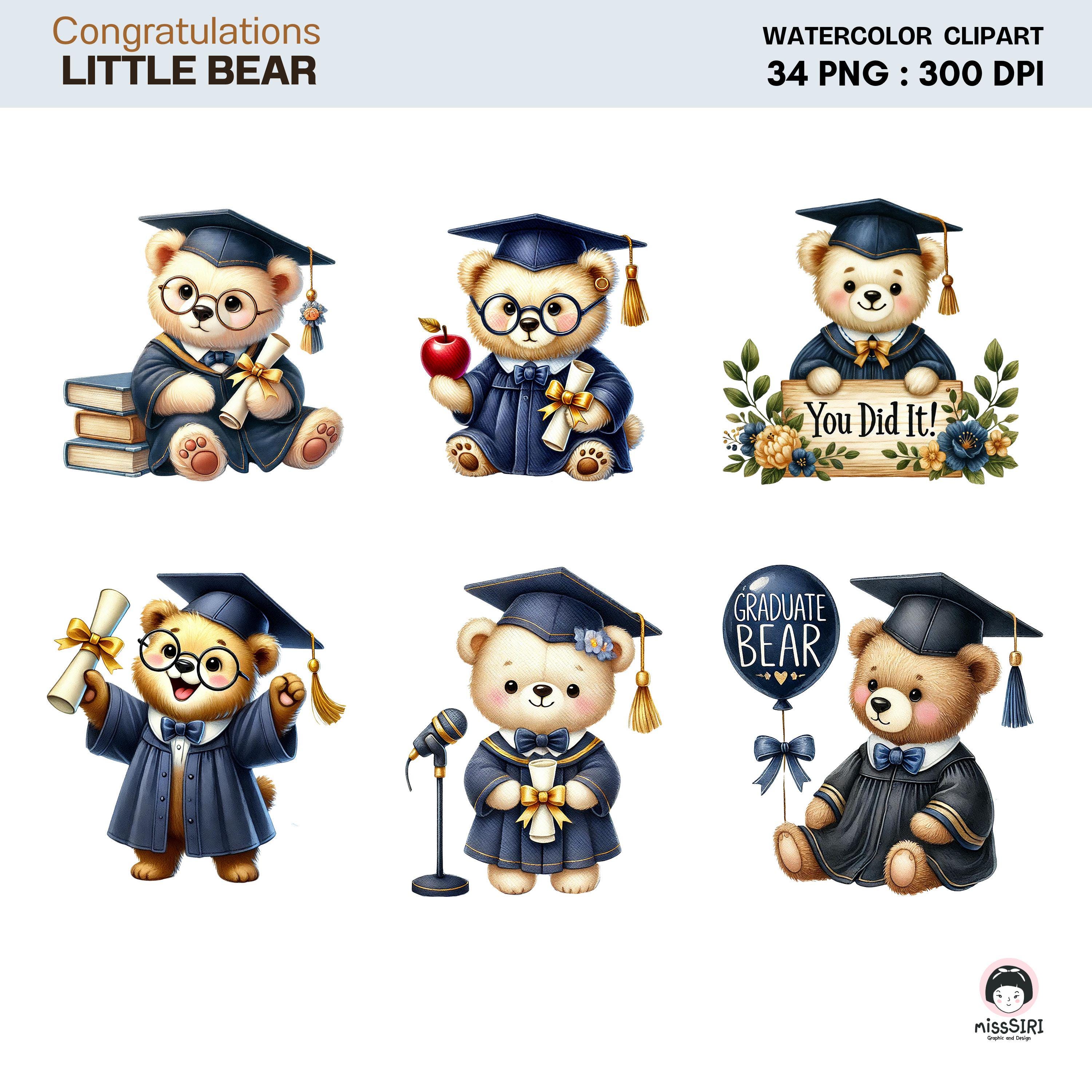 Little Bear Graduation Clipart Set | 34 Watercolor Pngs of Cute Bears ...