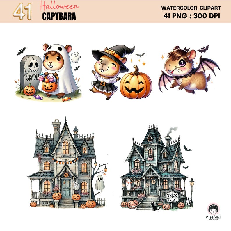 Halloween Capybara Clipart Bundle | 41 Cute Watercolor Pngs | Spooky ...
