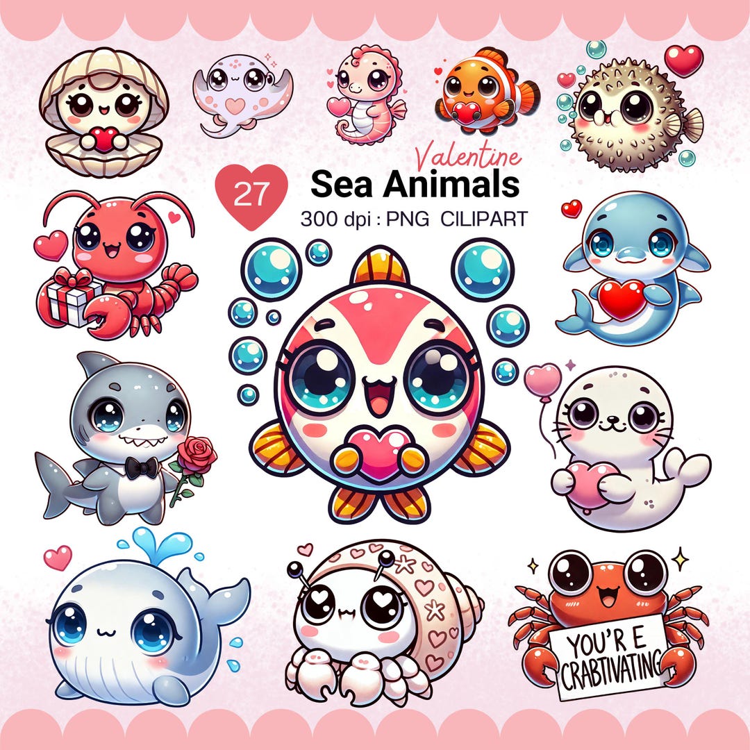Valentine Sea Animals Clipart Bundle - 27 PNG Cute Ocean Creatures ...