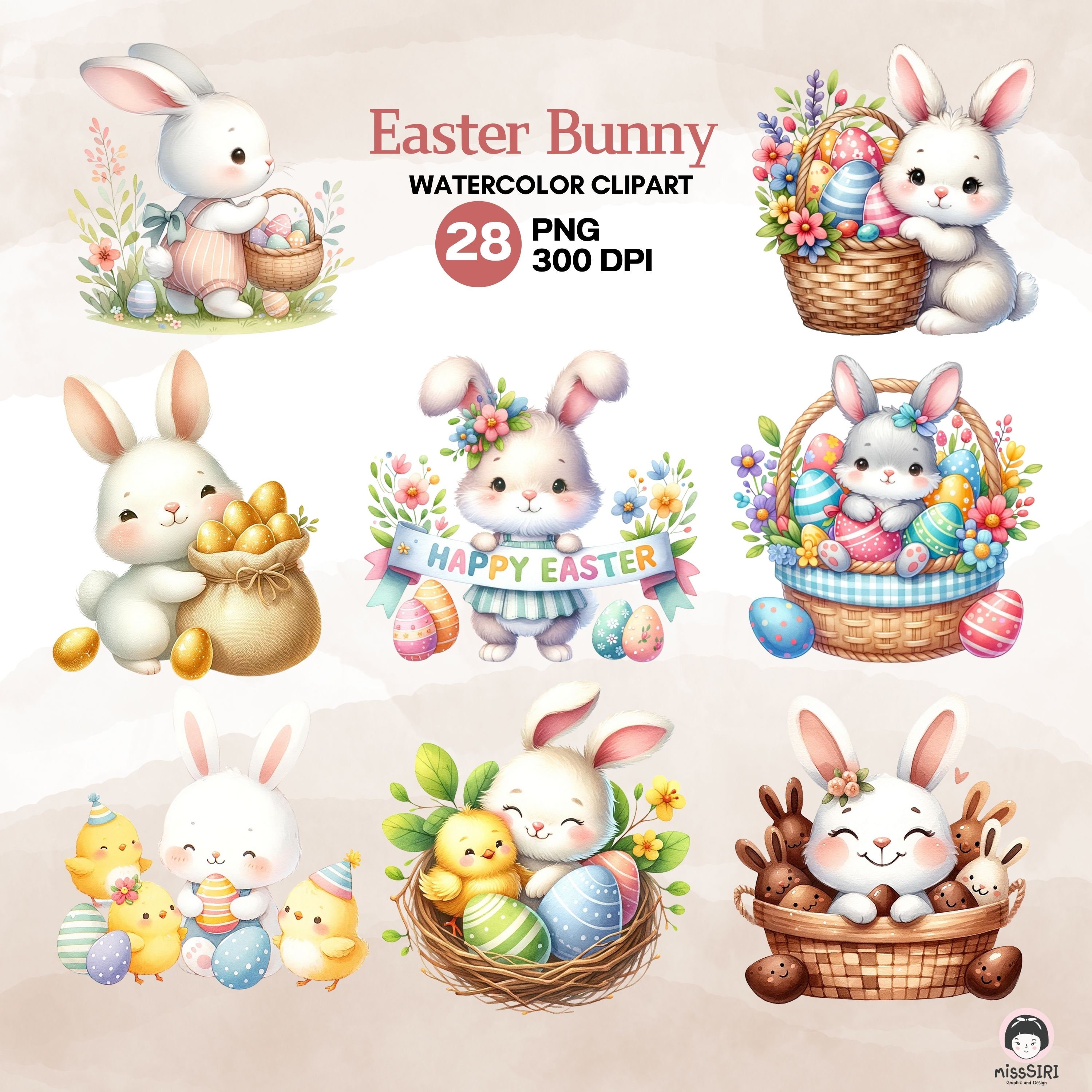 Easter Bunny Watercolor Set - Cute Spring Clipart for Crafts - Etsy