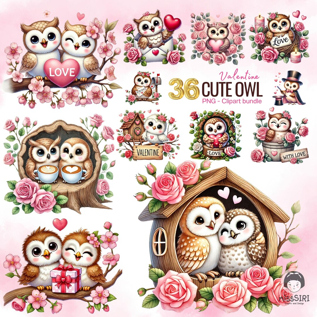 Valentine Owl Clipart Bundle - 36 Cute Owl PNG Designs With Roses, Love ...