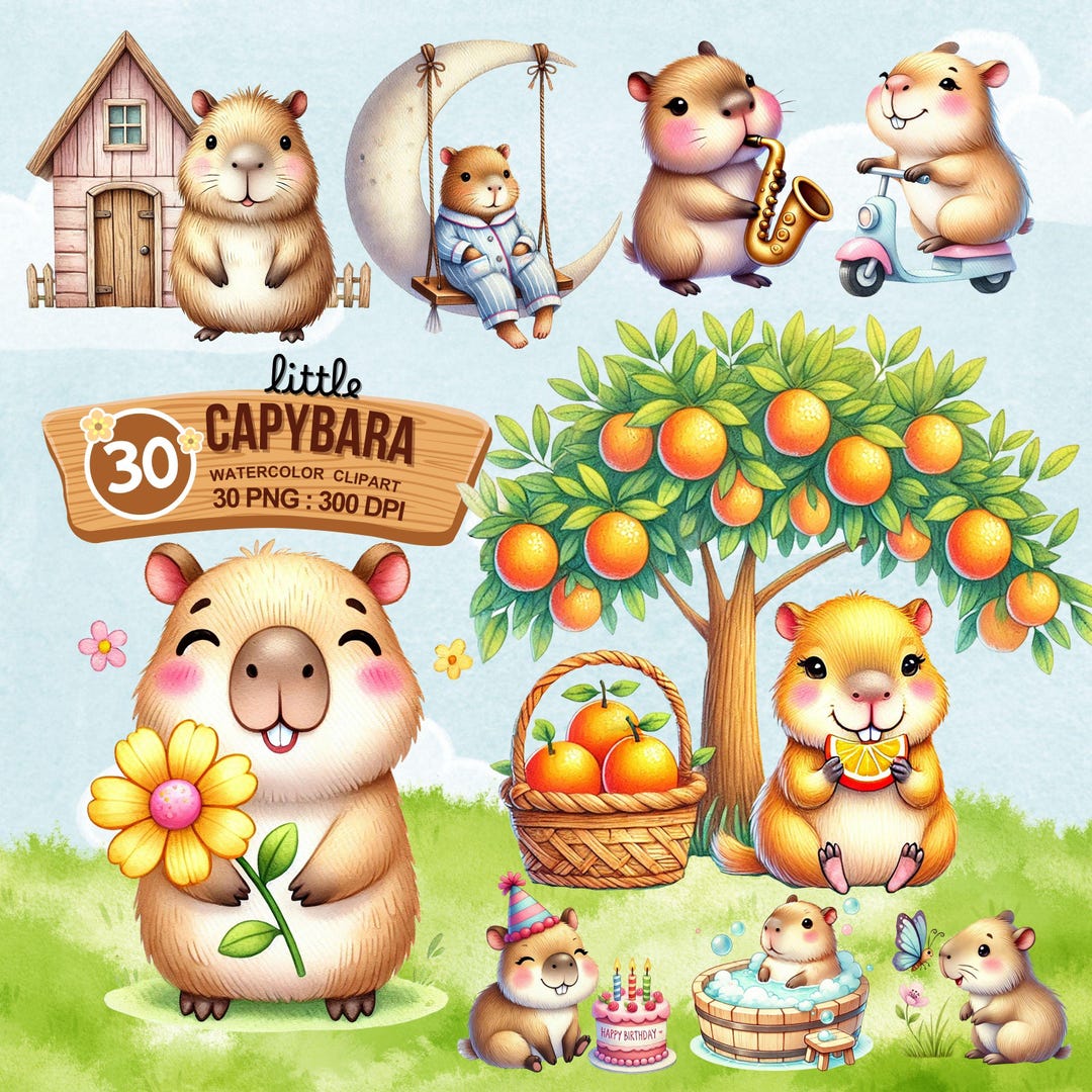 Little Capybara Watercolor Clipart Set – 30 PNG Images, 300 DPI Digital ...