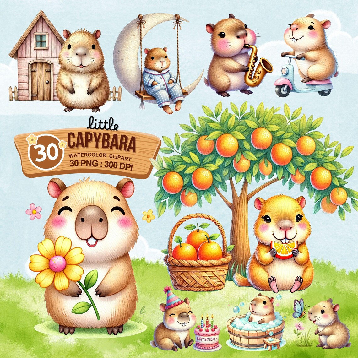 Little Capybara Watercolor Clipart Set – 30 PNG Images, 300 DPI Digital ...