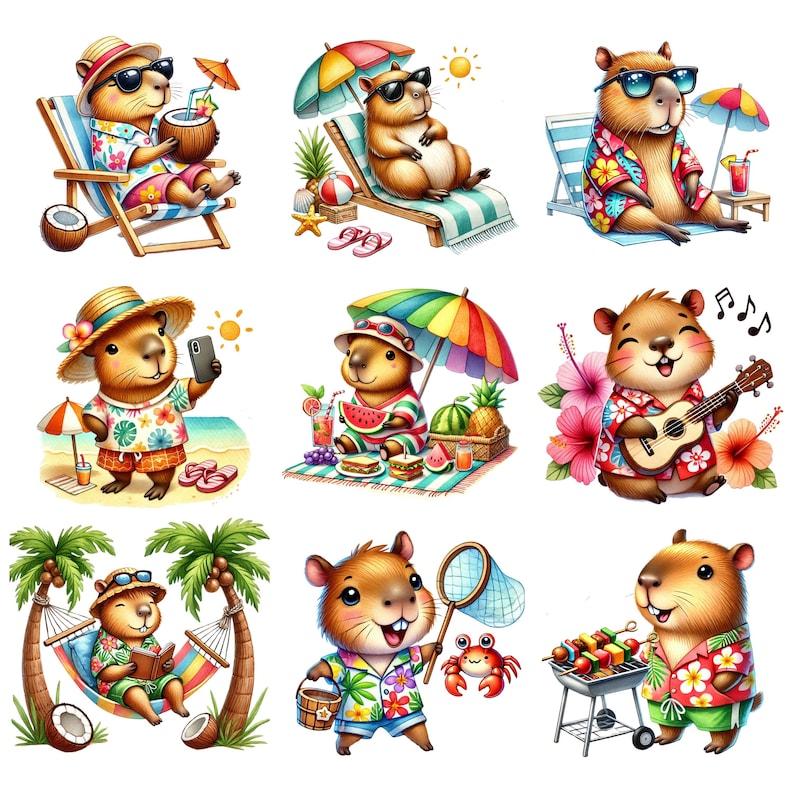 Summer Capybara Watercolor Clipart Bundle – 36 Cute Beach Vacation Pngs ...