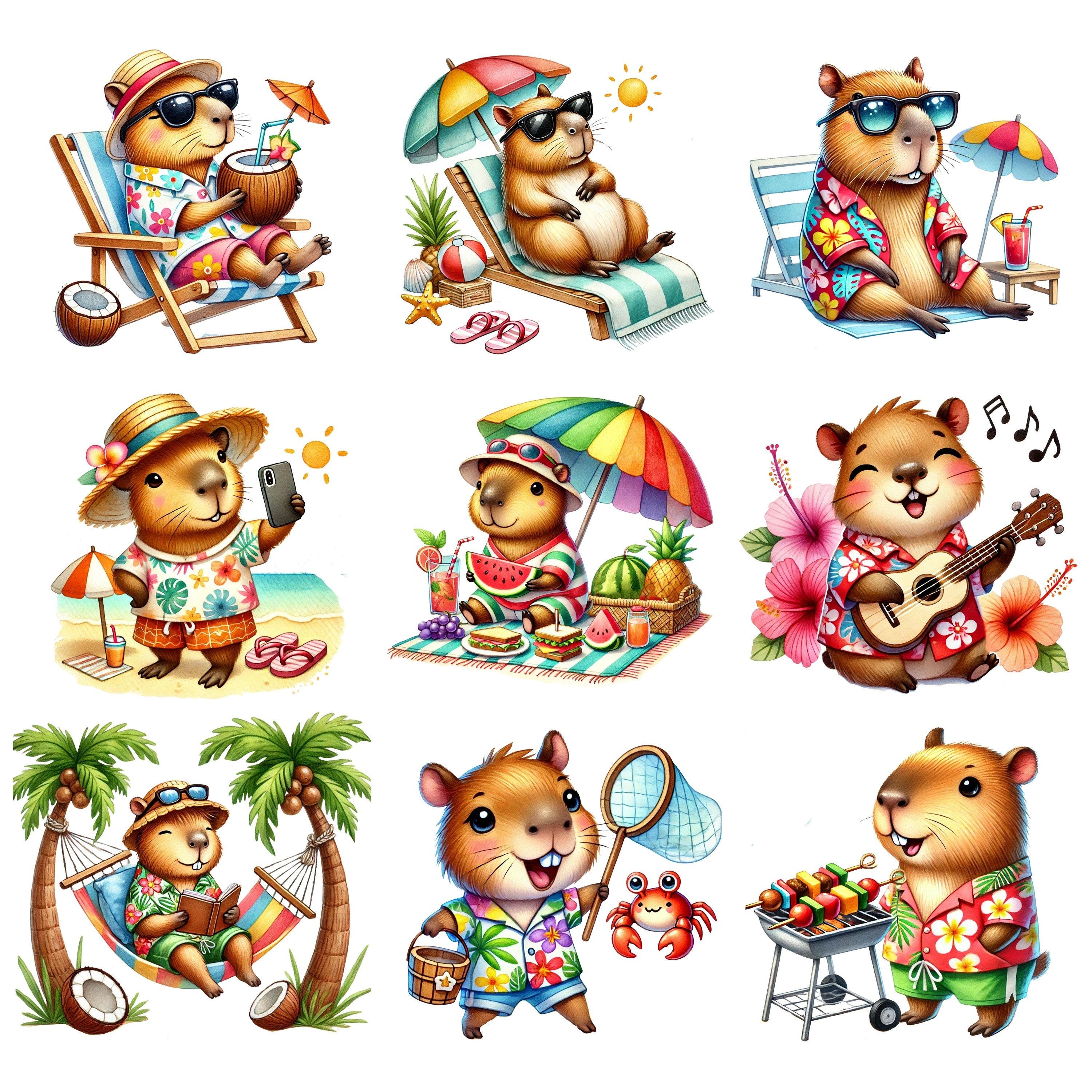 Summer Capybara Watercolor Clipart Bundle – 36 Cute Beach Vacation Pngs ...