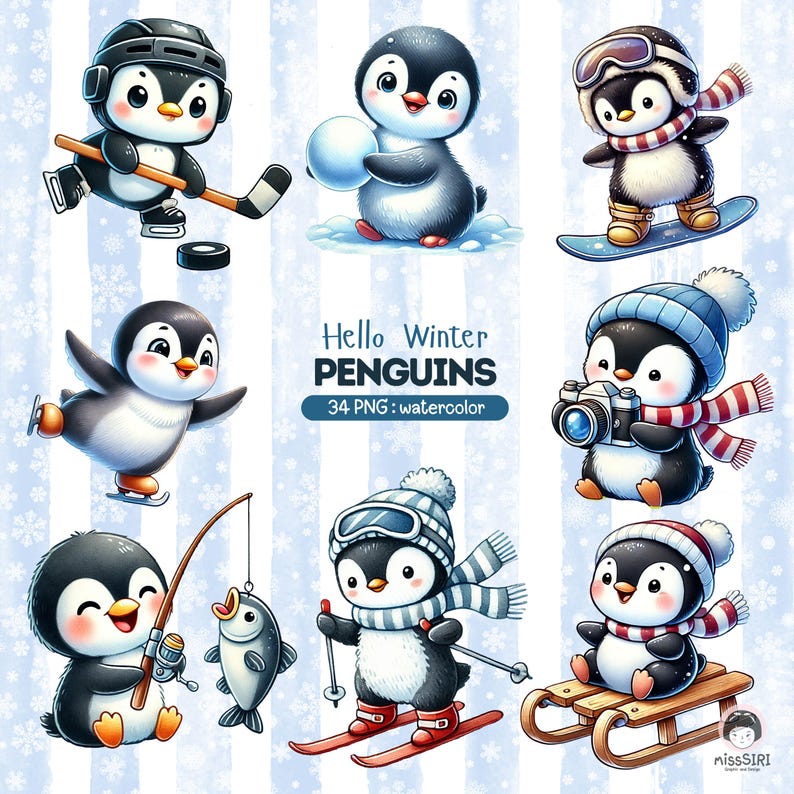 Cute Winter Penguin Watercolor Clipart Set, 34 PNG Files - Etsy