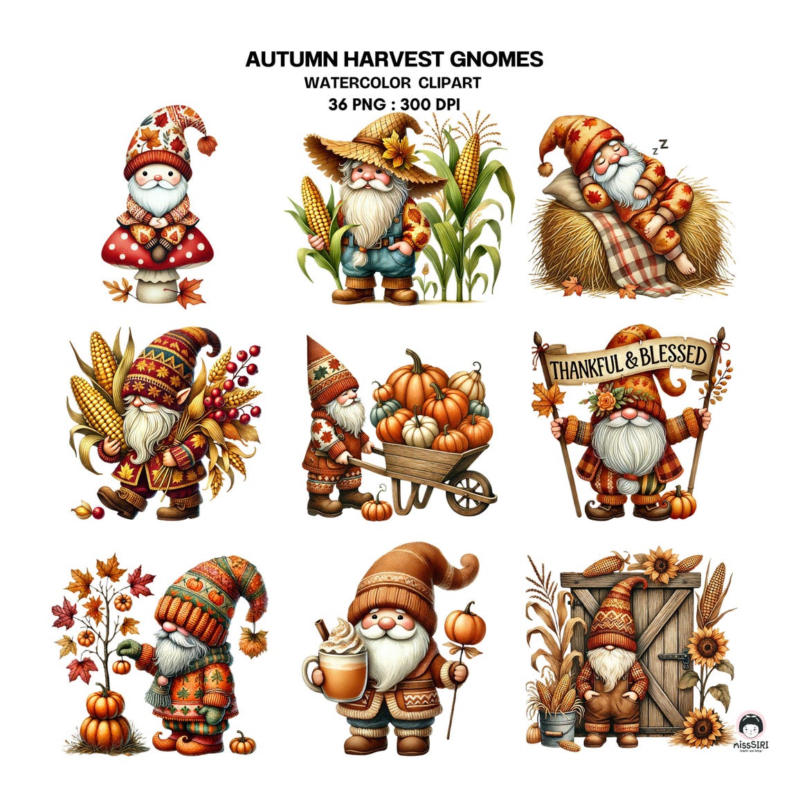 Autumn Harvest Gnomes Clipart Set | 36 Watercolor Pngs With Pumpkins ...