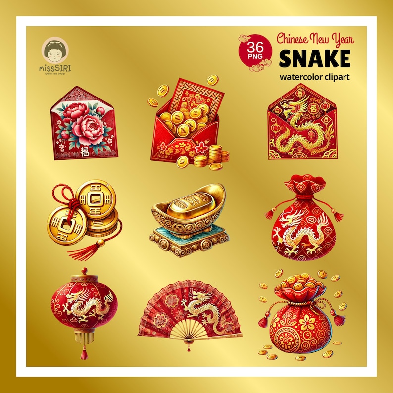 Chinese New Year Snake Watercolor Clipart Bundle (PNG) - Etsy