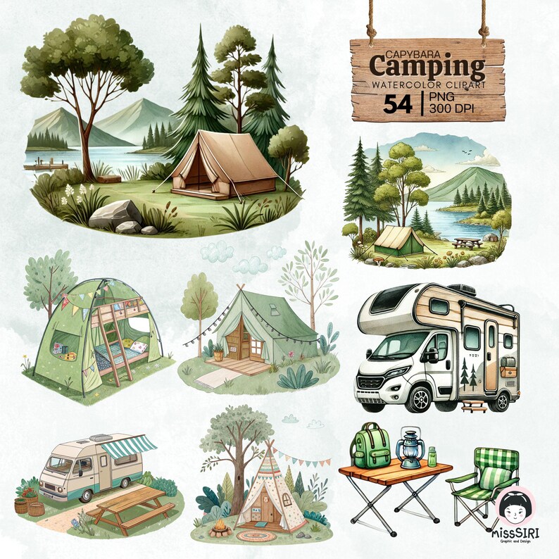Capybara Camping Watercolor Clipart - 54 PNG Files, Outdoor Adventure ...