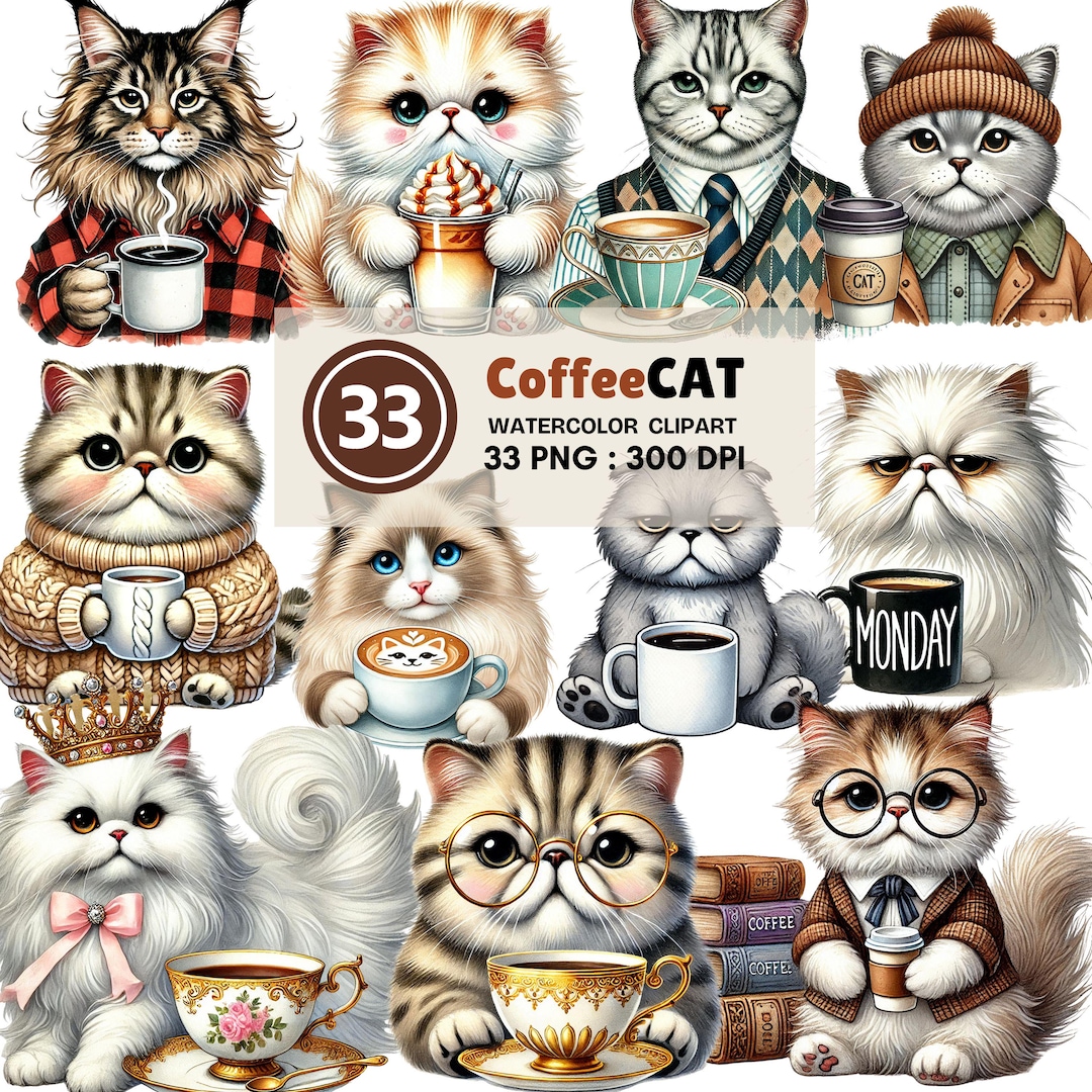 Coffee Cat Watercolor Clipart Bundle – 33 Cozy Pngs of Cute Cats With ...