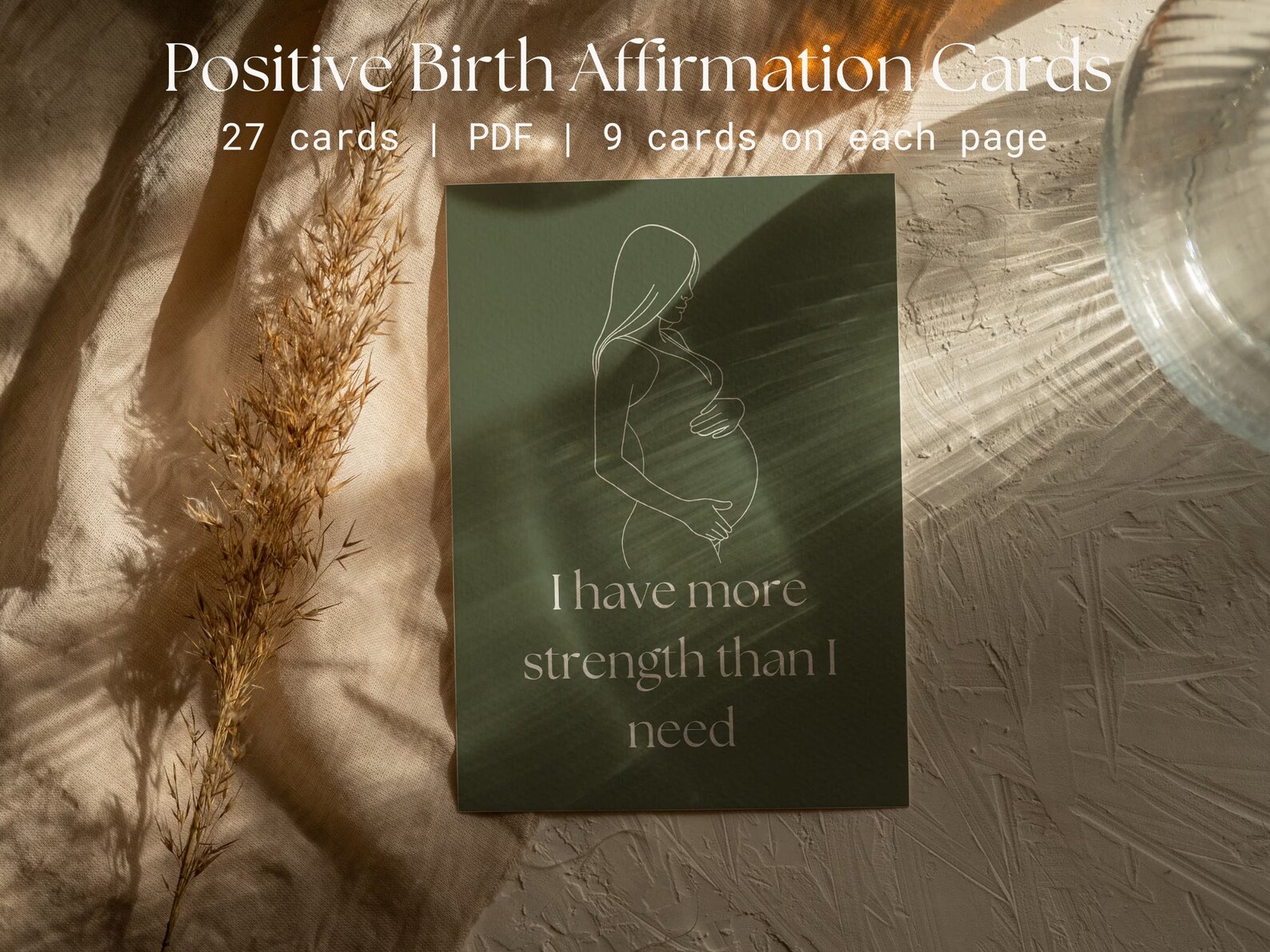 27 Birth Affirmation Cards Printable With Pregnancy Line-art | Green ...