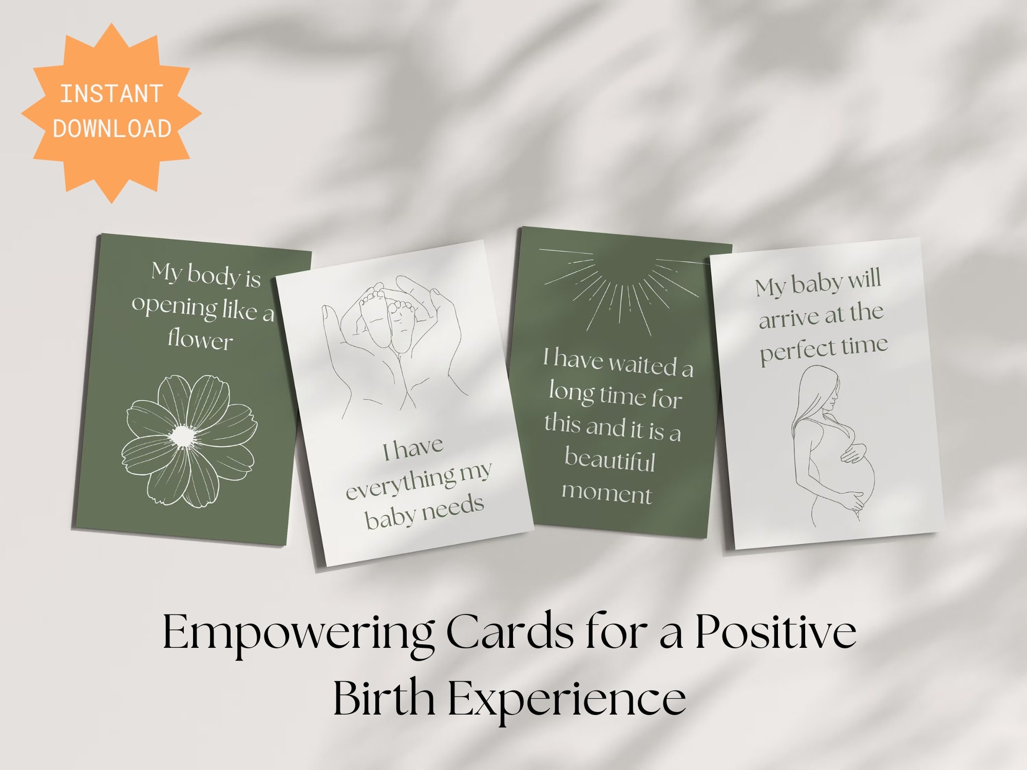 27 Birth Affirmation Cards Printable With Pregnancy Line-art | Green ...