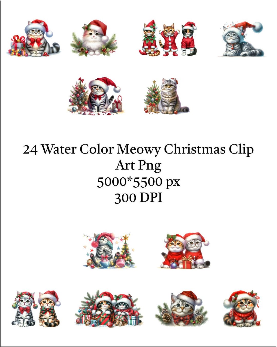Watercolor Meowy Christmas Clipart 24 Pngs - Etsy